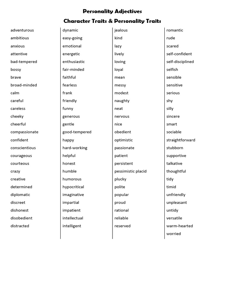 Personality Adjectives - List | PDF