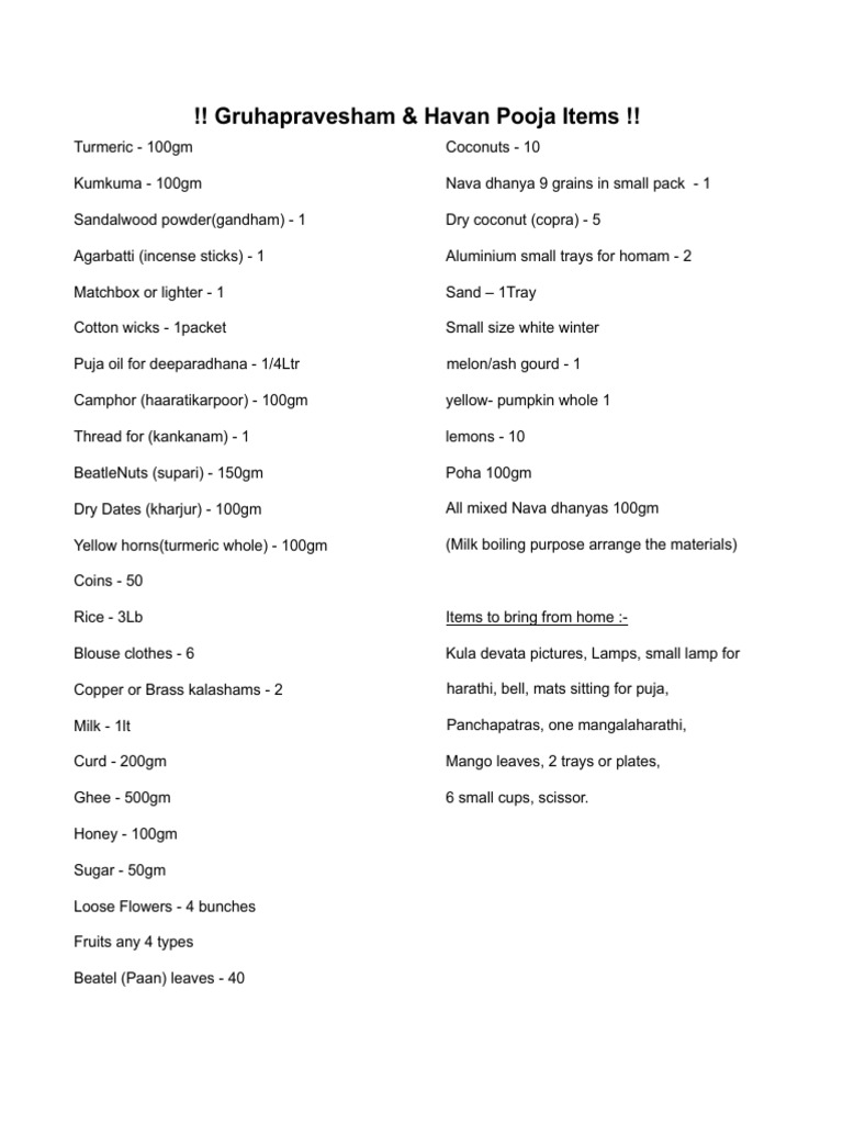 Gruhapravesham List With Havan | PDF