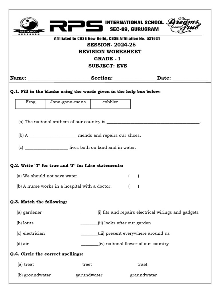 Grade 1 EVS PT-3 Revision Worksheet | PDF