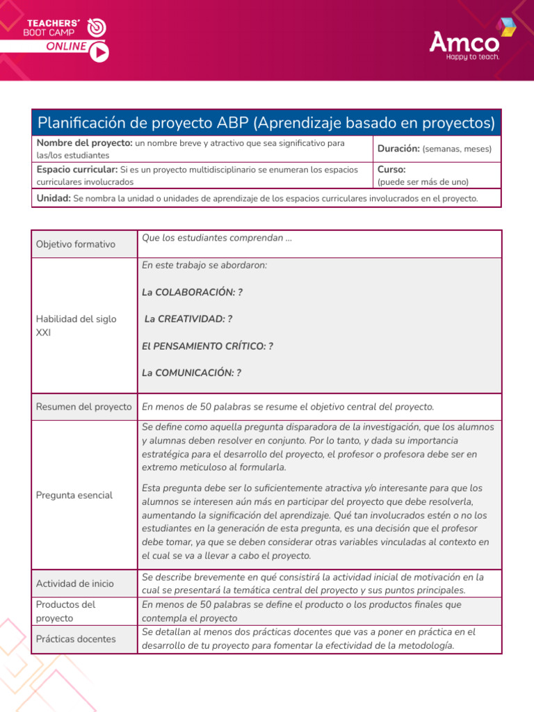 Modelo Planificación ABP | PDF | Aprendizaje en base a proyectos | Maestros