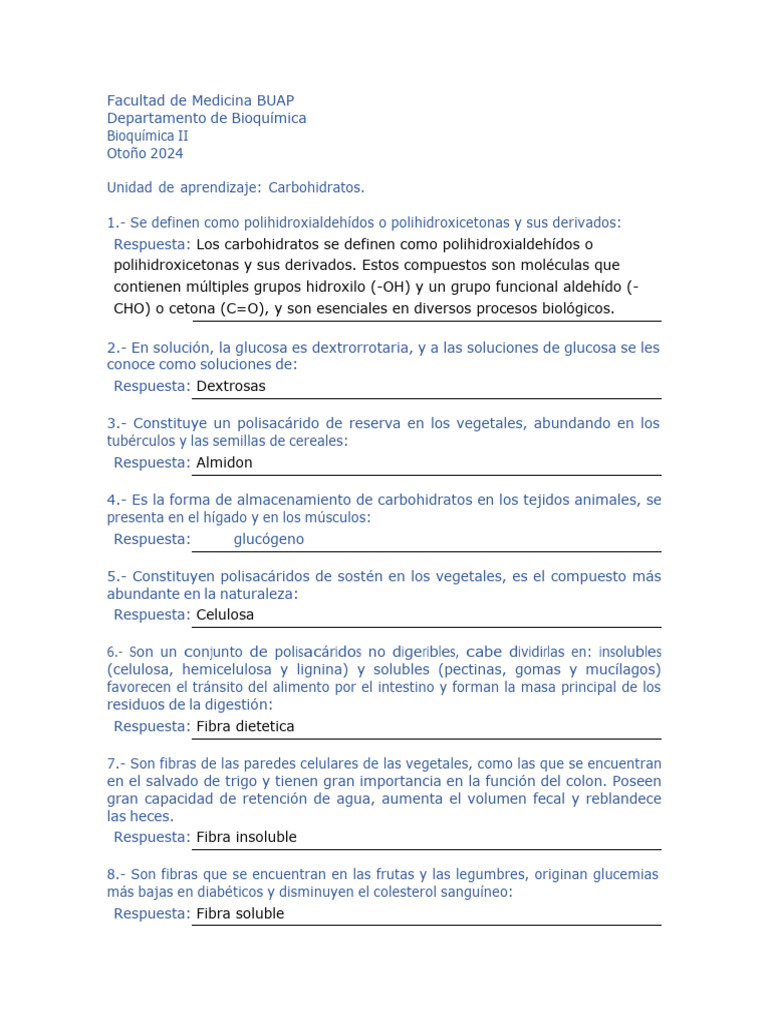 Cuestionario Bii Carbohidratos Otoño 2024 | PDF | Glucógeno | Glucólisis
