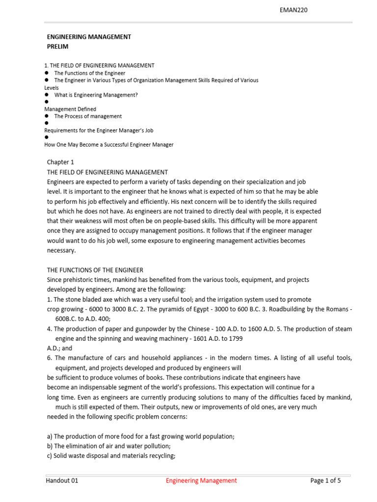 EMAN220 Handouts 01 Introduction - Prelim 1 | PDF | Engineer | Engineering