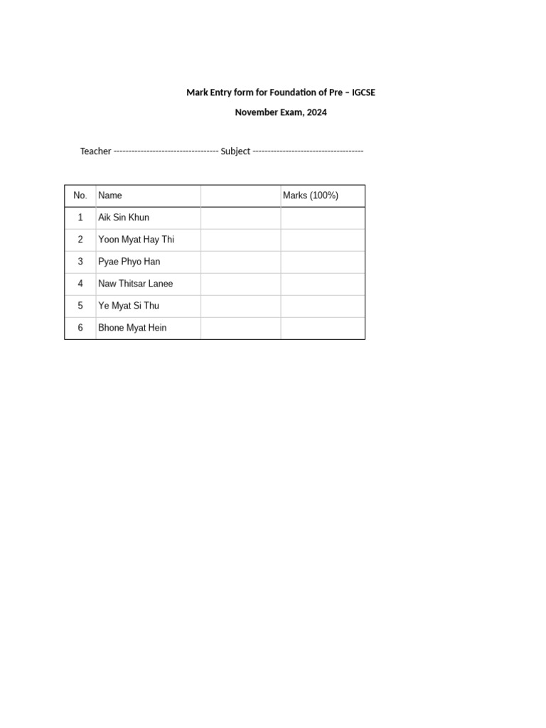 Mark Entry Form For Foundation of Pre - IG 2 | PDF