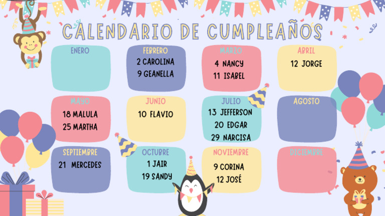 Calendario de Cumpleaños Infantil Ilustrado Globos Lila y Verde | PDF