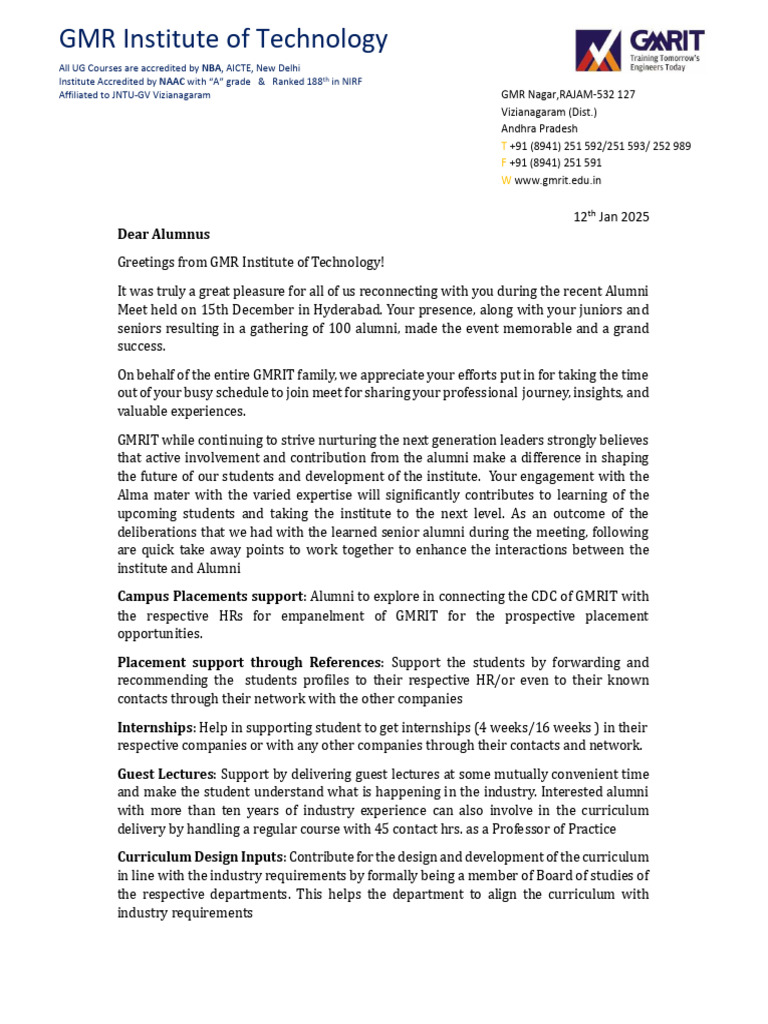 Letter To Alumni Jan 2025 | PDF