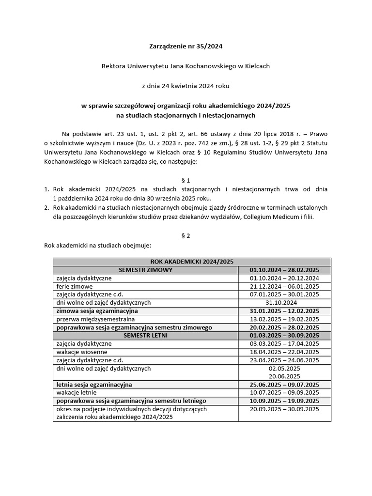 Zarządzenie nr 35-2024 organizacja roku akademickiego 2024-2025 | PDF