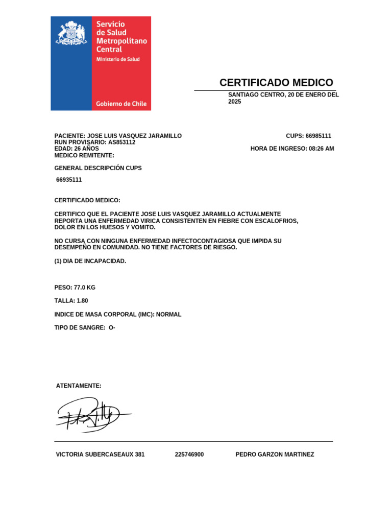 Certificado Medico Chile | PDF