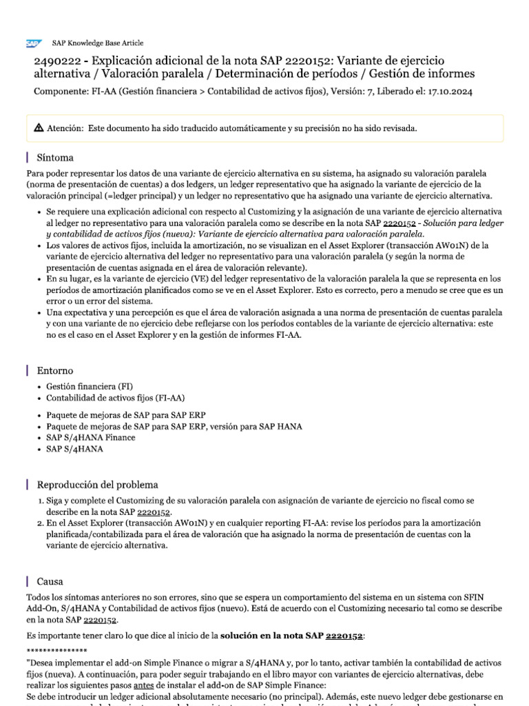 Explicación Adicional de La Nota SAP 2220152 Variante de Ejercicio | PDF