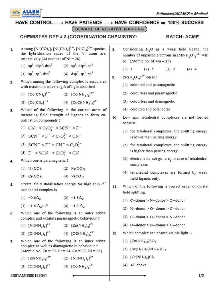 Chemistry DPP # 3 (Coordination Chemistry) | PDF | Coordination Complex | Chemical Compounds