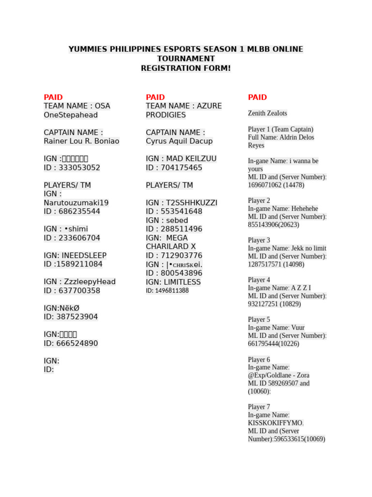 YUMMIES PHILIPPINES ESPORTS SEASON 1 MLBB ONLINE TOURNAMENT | PDF