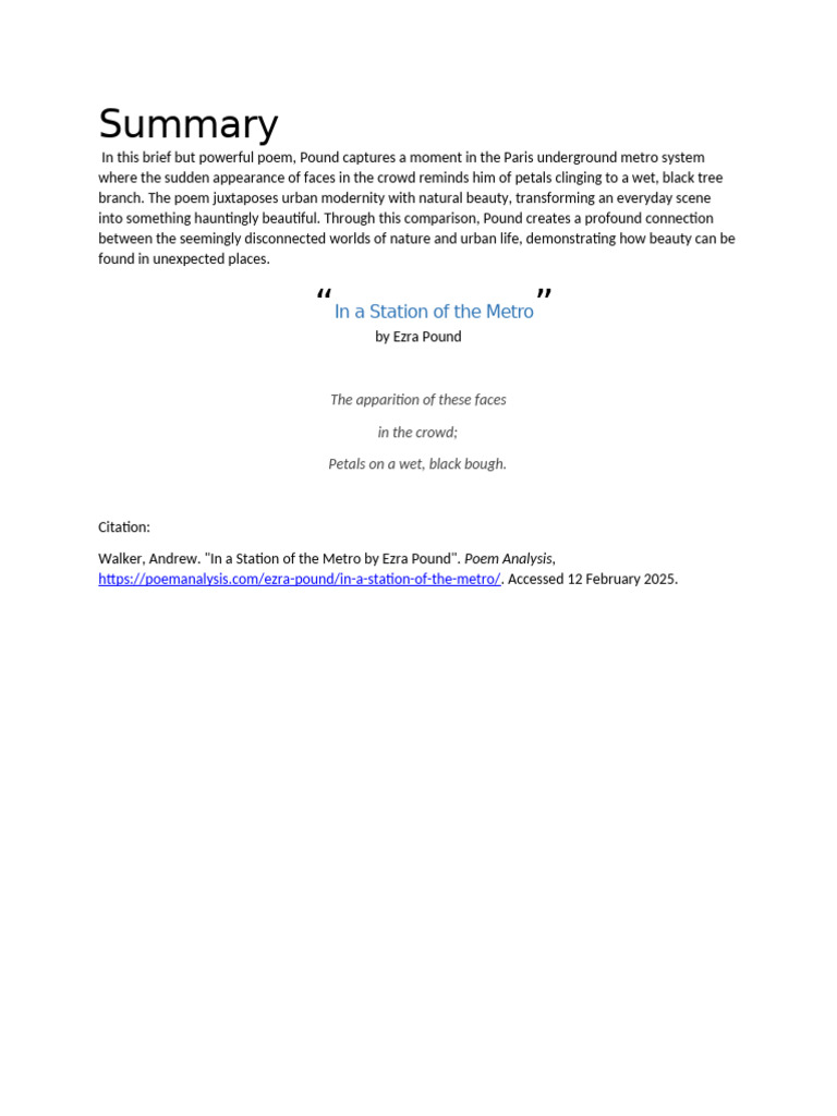 Ezra Pound's Metro Poem Analysis | PDF