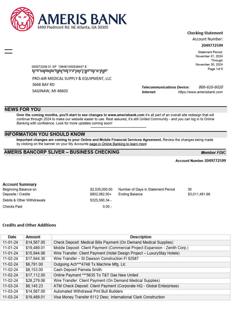Ameris Bank Nov Statement | PDF | Credit Card | Cheque