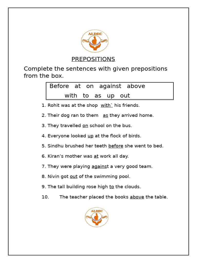 Solutions of Prepositions Worksheet | PDF