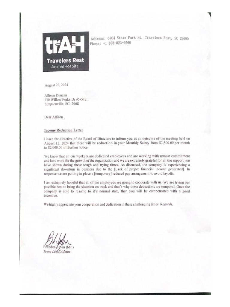 Income Reduction Letter | PDF