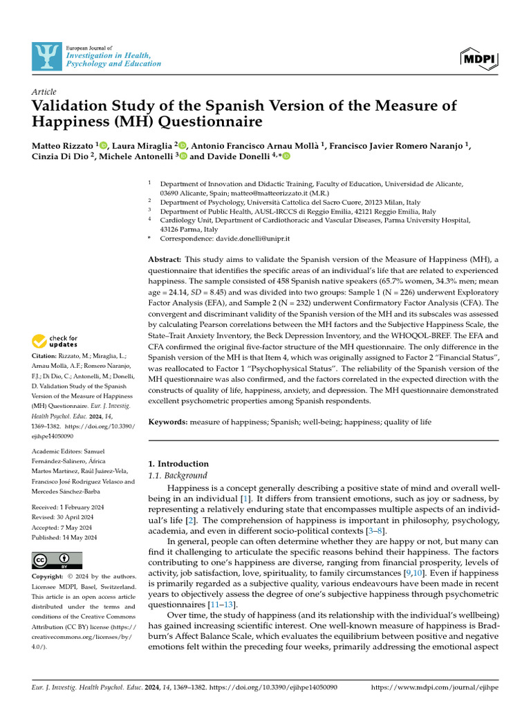 Validation Study of The Spanish Version of The Measure of Happiness (MH ...