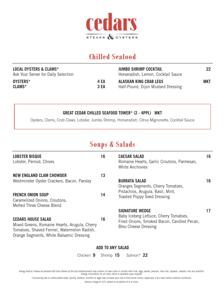 Cedars Foxwoods Dinner Menu | PDF | Salad | Shellfish