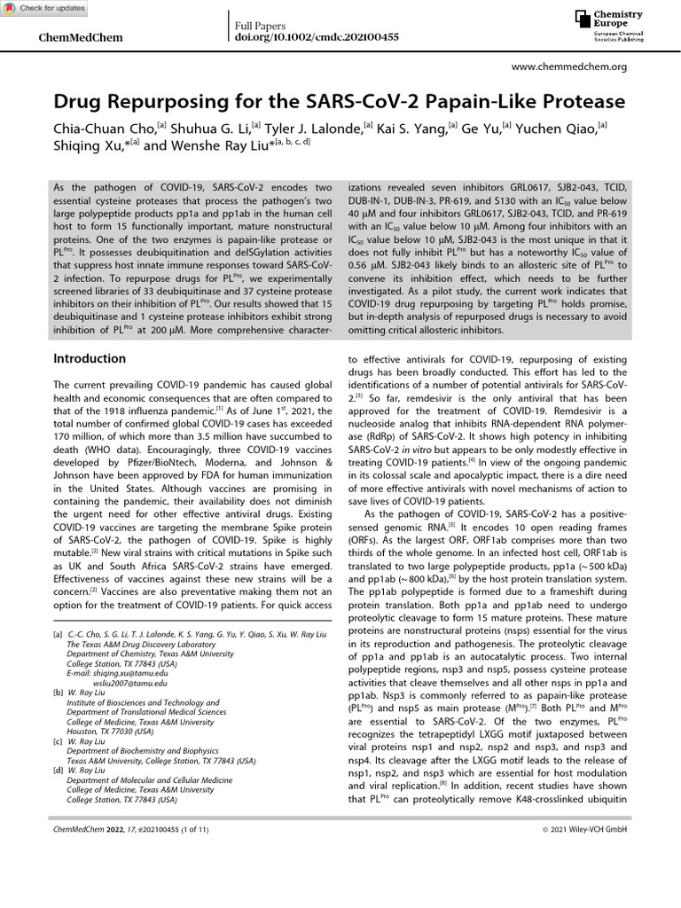 ChemMedChem - 2021 - Cho - Drug Repurposing For The SARS CoV 2 Papain Like Protease | PDF ...