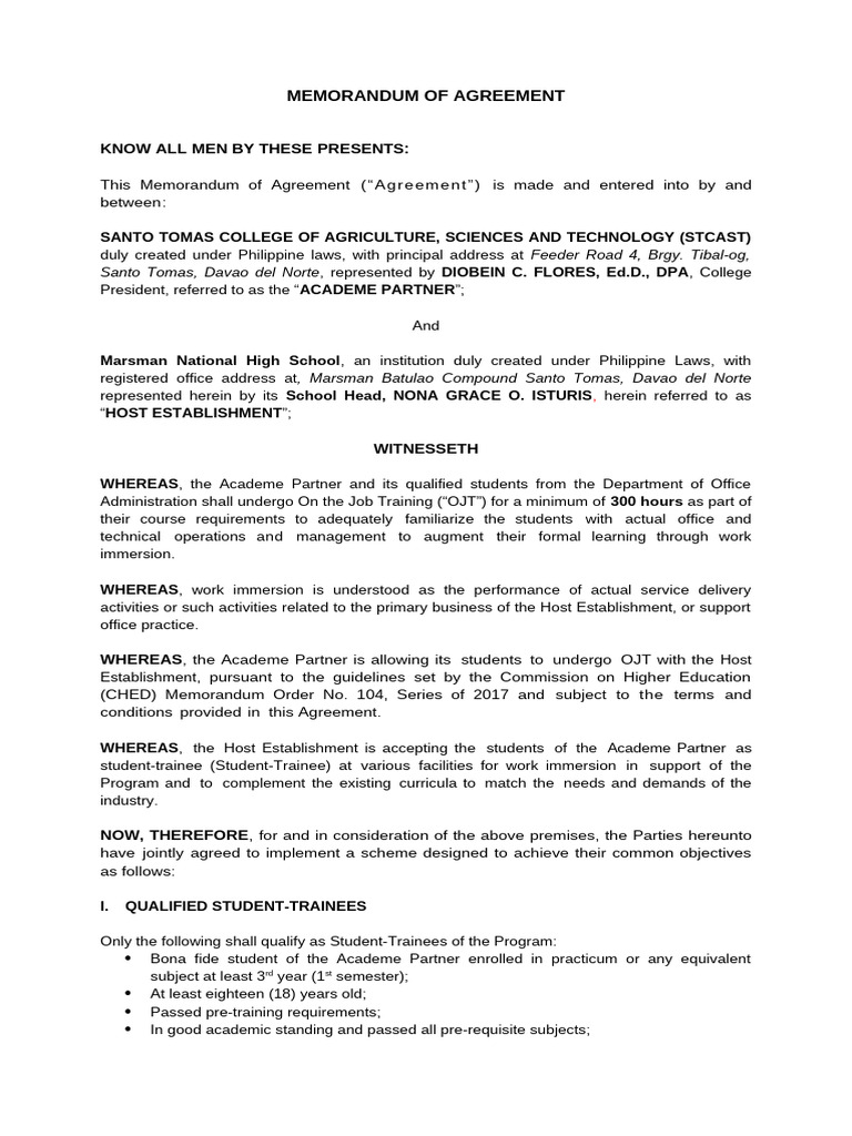 OJT Agreement Between STCAST and Marsman High | PDF | Justice | Crime ...