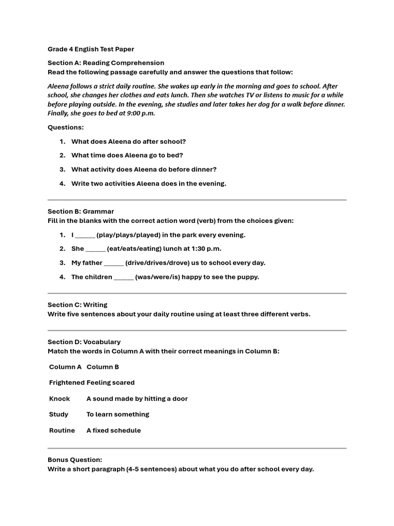 Grade 4 English Test Paper | PDF | English Language | Linguistics