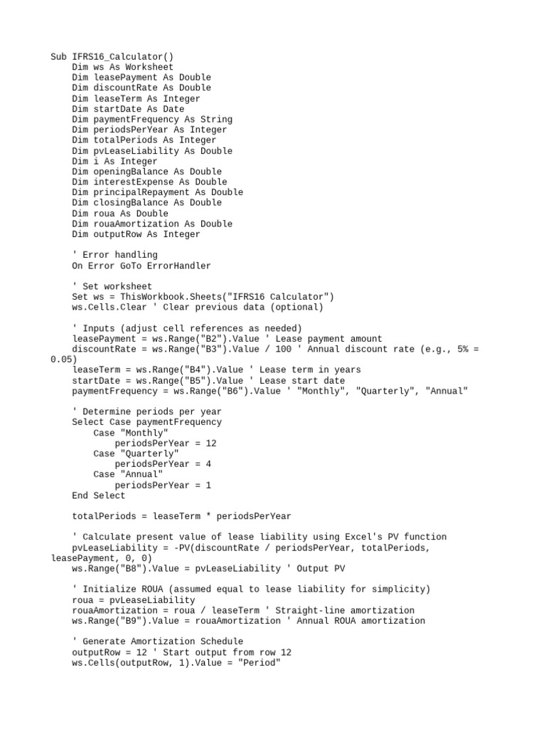 VBA Code - Sub IFRS16 - Calculator | PDF | Present Value | Computer ...