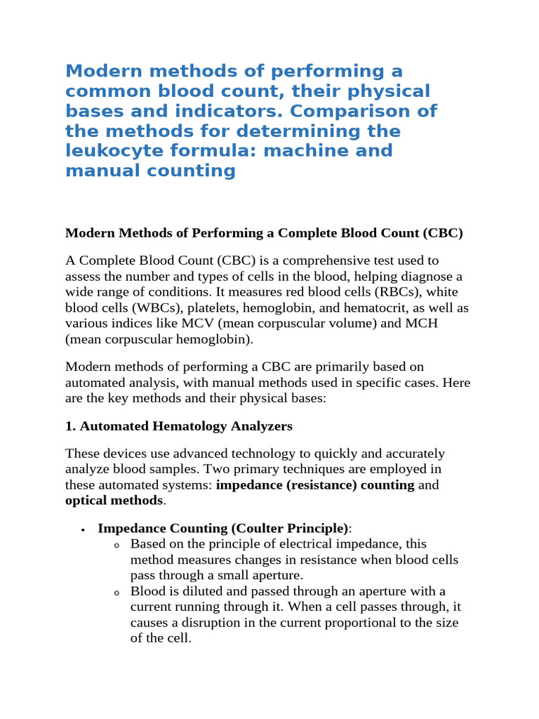 CBC Methods: Automated vs. Manual Analysis | PDF | White Blood Cell ...