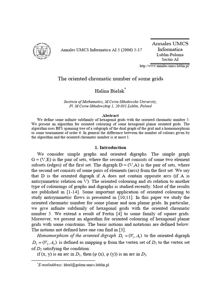 Bielak - 2006 - The Oriented Chromatic Number of Some Grids | PDF | Combinatorics | Mathematics
