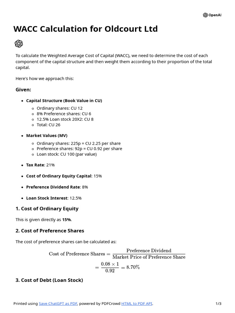 17. WACC Calculation for Oldcourt Ltd (1) | PDF | Cost Of Capital | Preferred Stock
