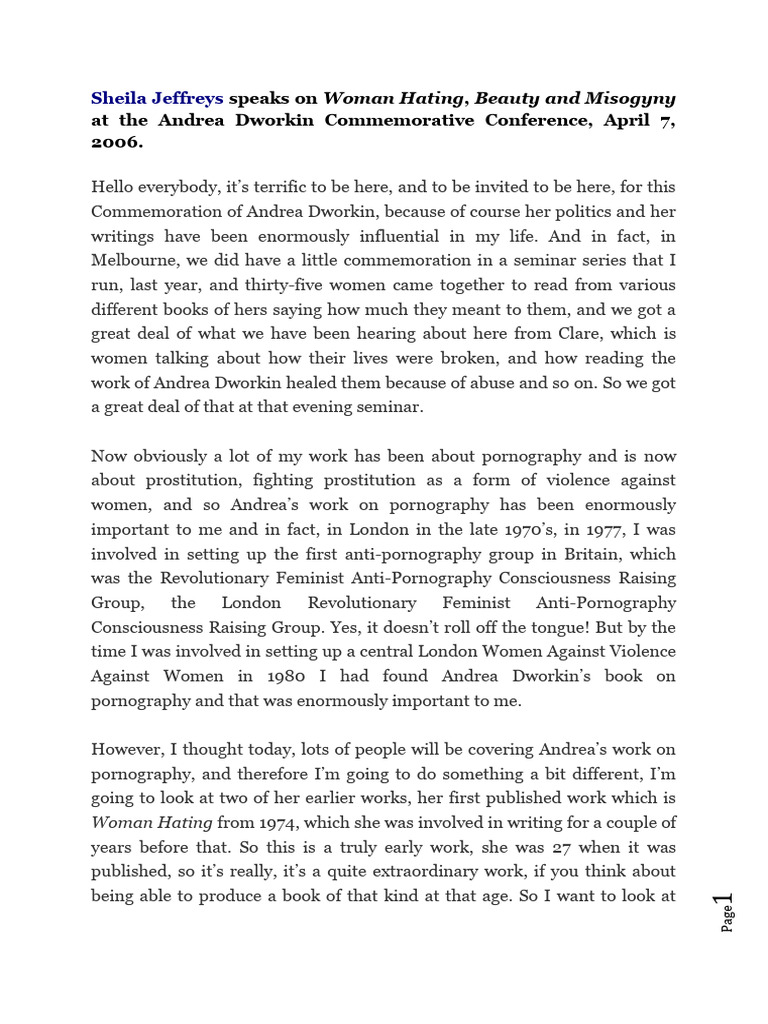 Sheila Jeffreys Speaks On Woman Hating Andrea Dworkin Commemorative ...
