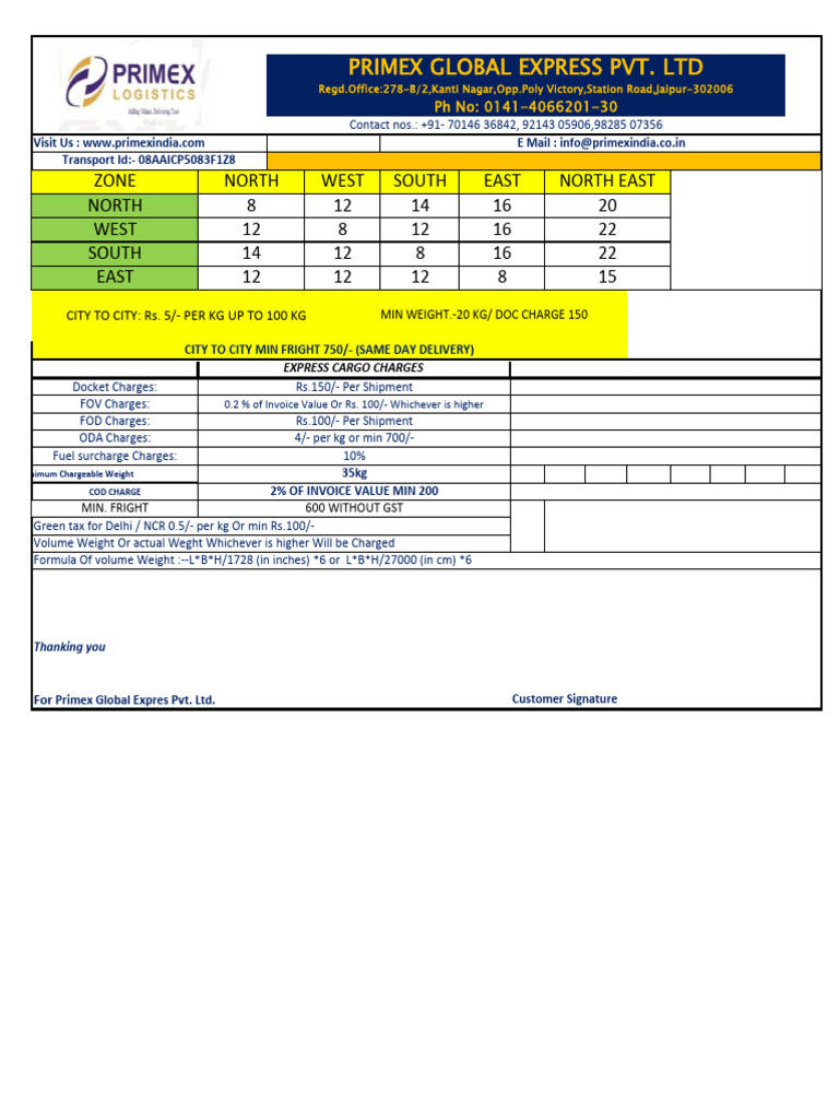 Primex Global Express Weight Charges | PDF | Gujarat | Tamil Nadu