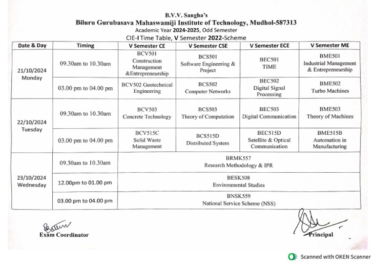 V Sem Cie I Time Table | PDF