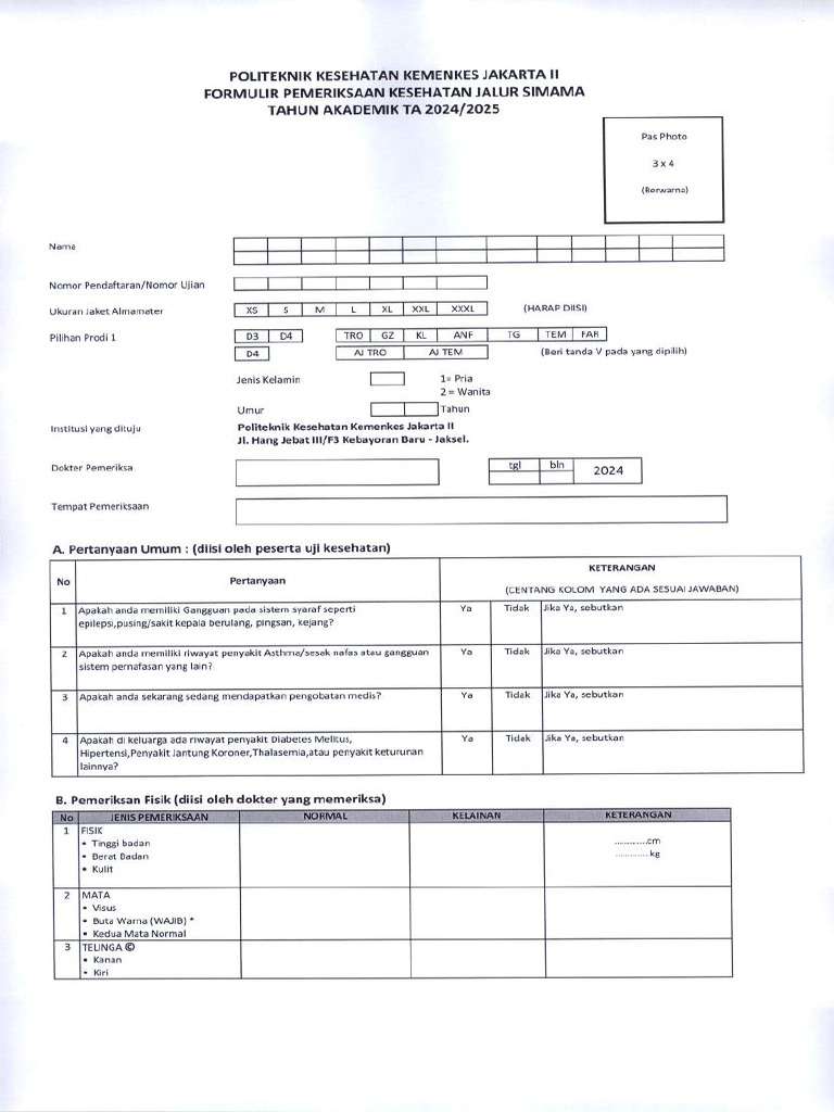 Formulir Pemeriksaan Kesehatan Jalur Simama | PDF