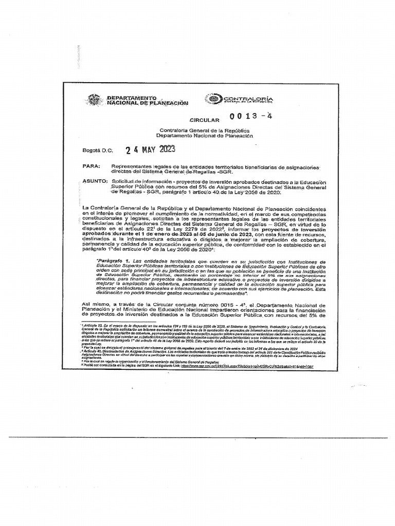 Circular Conjunta DNP - CGR 0013-4 de 2023 | PDF