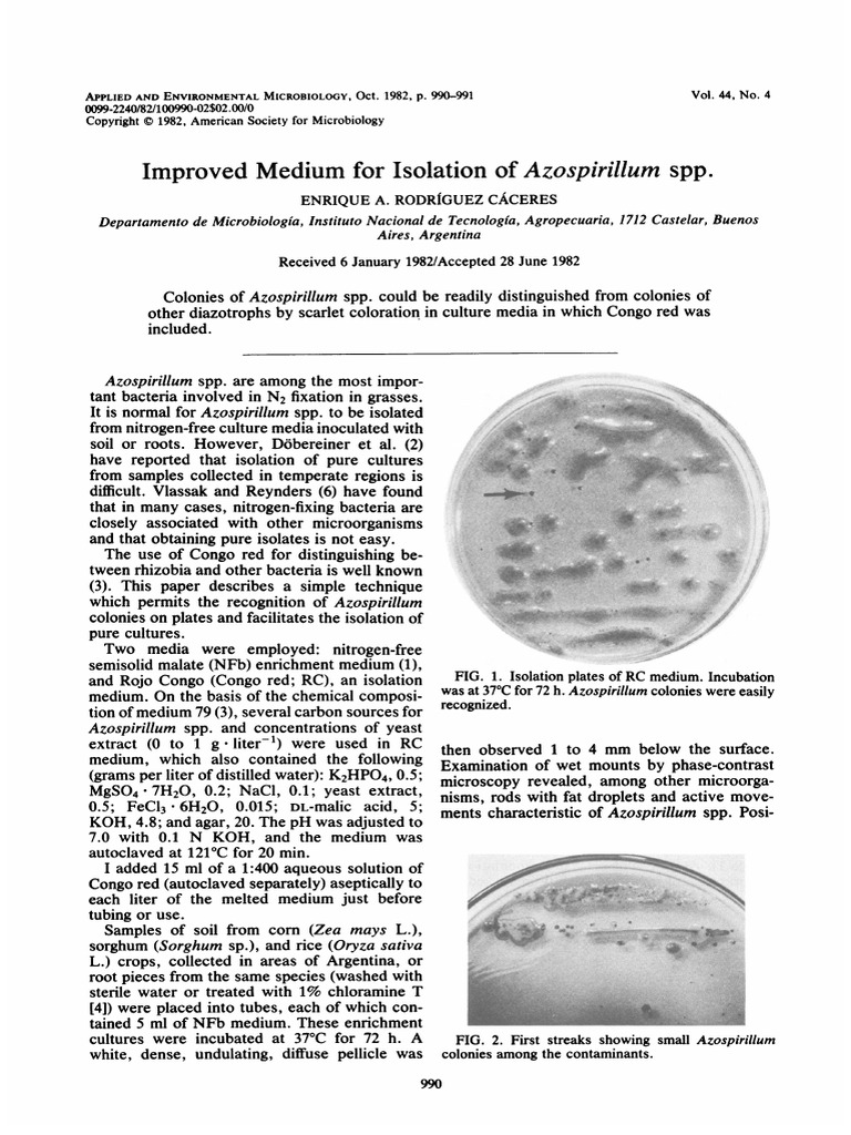 1982-Improved Medium For Isolation of Azospirillum SPP | PDF | Biology ...