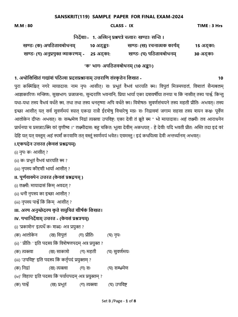 Ix SKT Sample Paper Final Exam - 2024 | PDF
