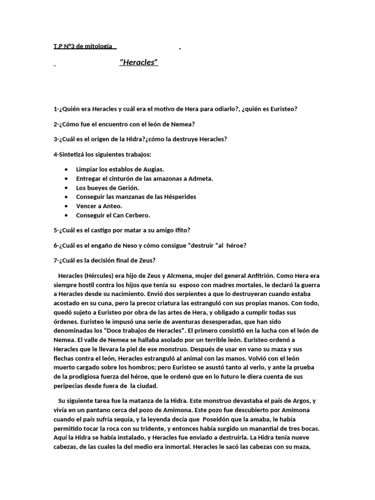 Los Trabajos de Heracles | PDF | Hera | Mitología griega