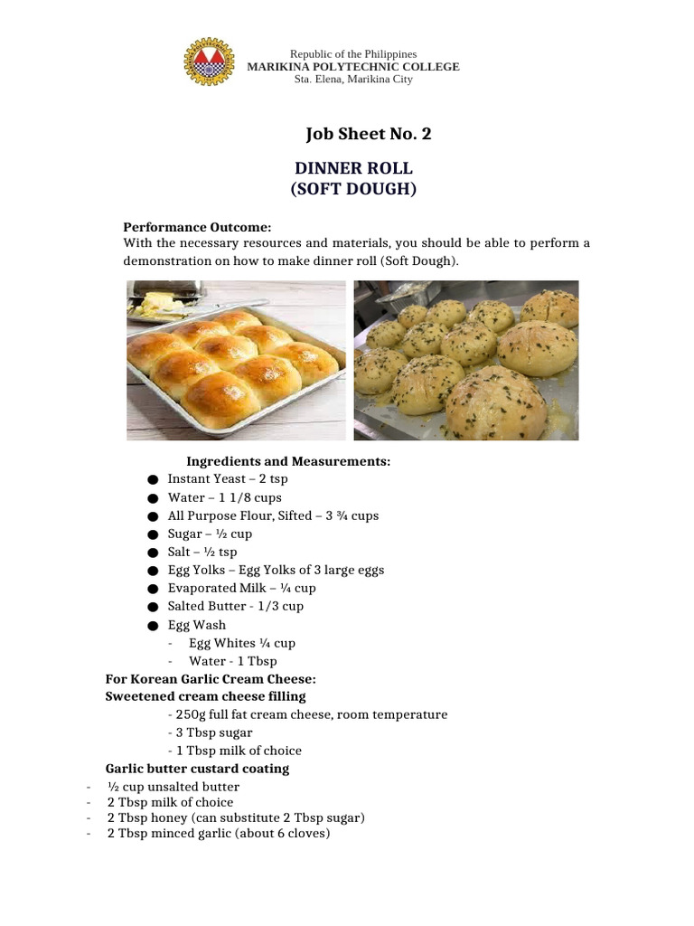 Job Sheet 2 - Dinner Roll | PDF | Butter | Breads