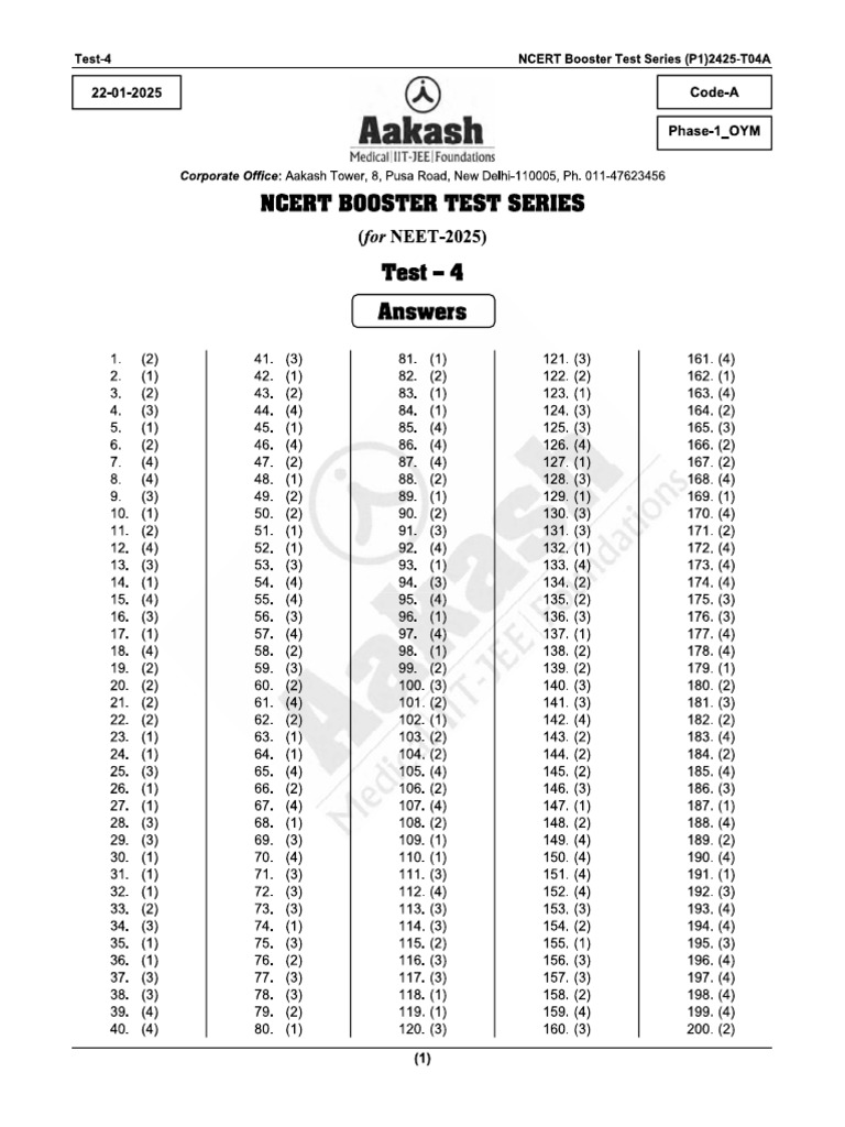 NBTS NBP-04 OYM (P-1) 22-01-2025 AnswerKey | PDF