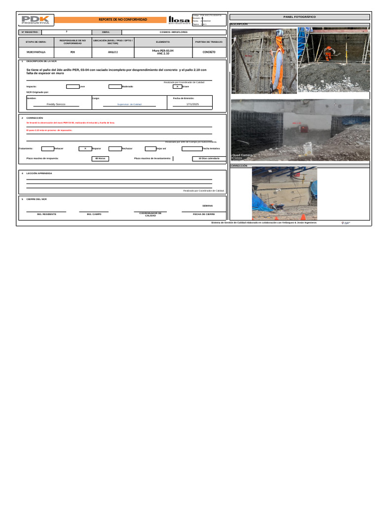 Reporte de No Conformidad Obra | PDF
