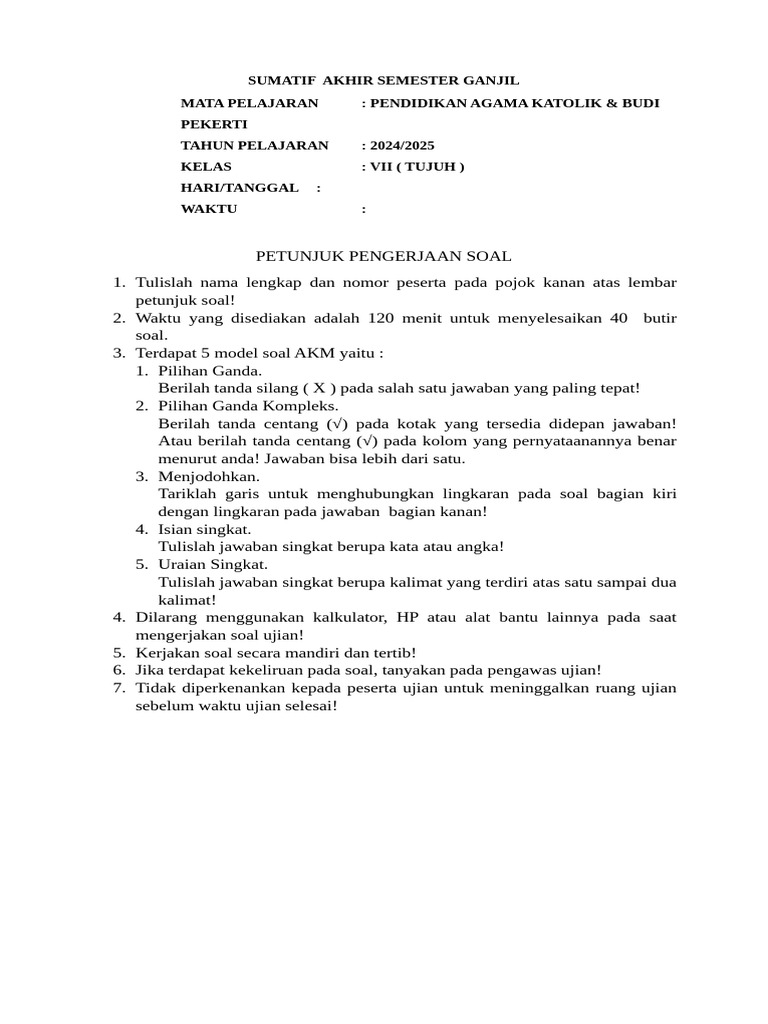 SOAL PAS PAK Kls VII Ganjil 2024 | PDF