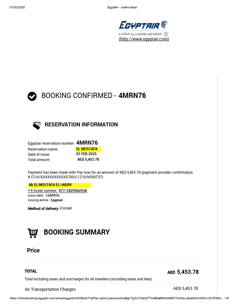 EgyptAir Booking Confirmation 4MRN76 | PDF | Baggage | Fee