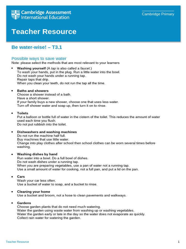 Teacher Resource - Be Water Wise - T3.1 - tcm142-468697 | PDF