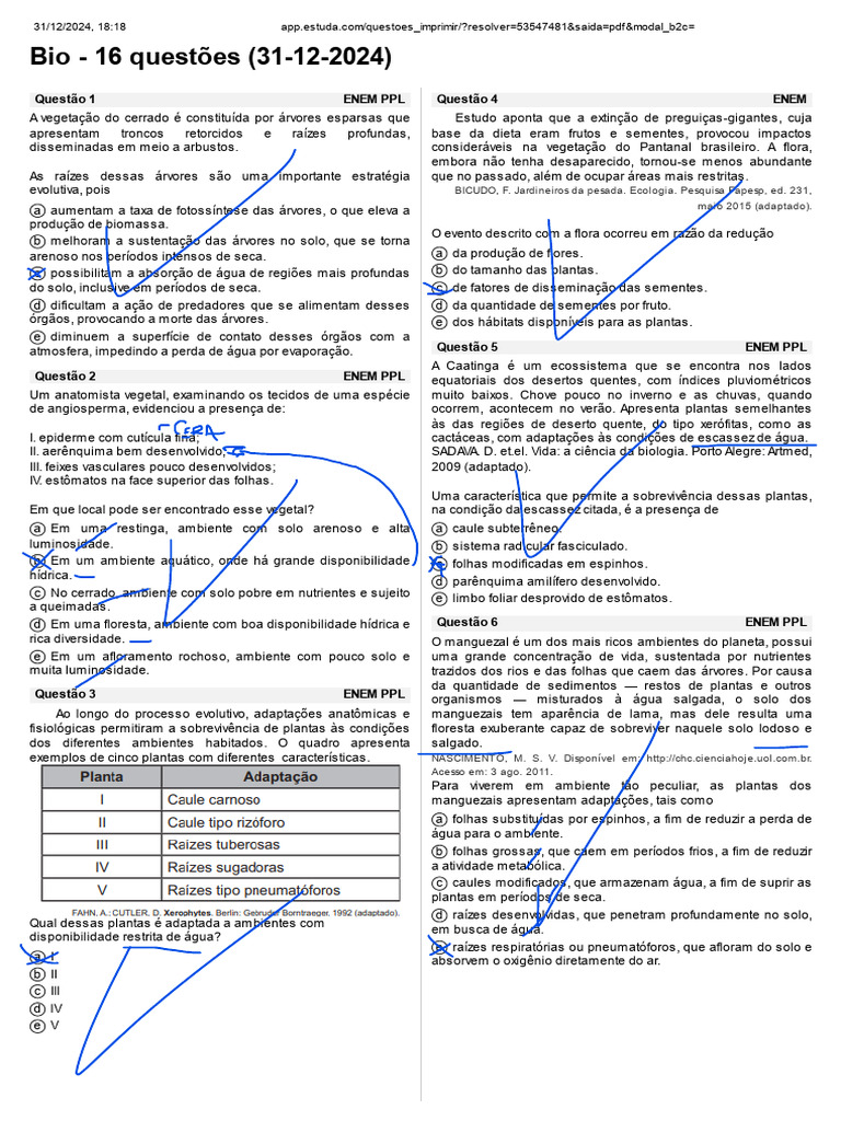 Questões de Biologia para ENEM PPL 2024 | PDF | Raiz | Plantas
