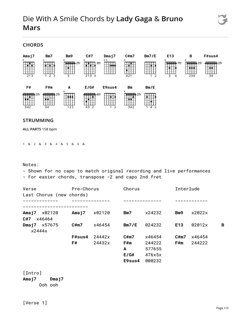 Die With A Smile Chords by Lady Gagatabs at Ultimate Guitar Archive ...