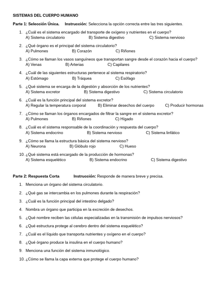 Cuestionario sobre sistemas del cuerpo humano | PDF