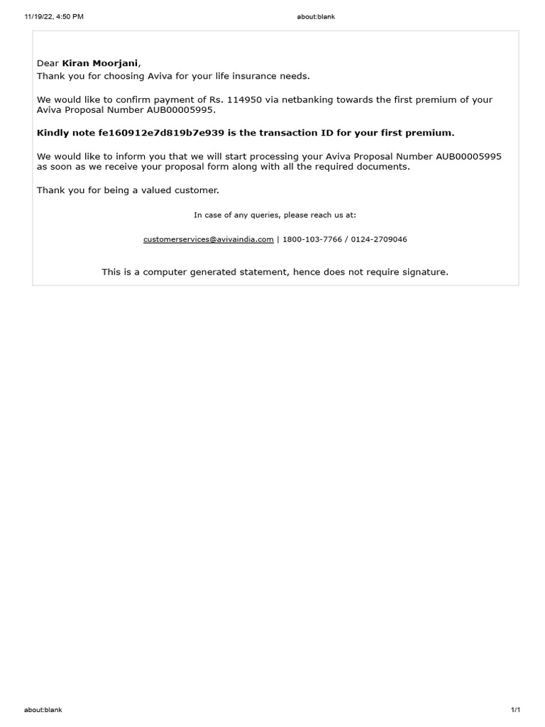 Aviva Policy Receipt | PDF