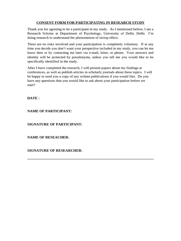 Consent Form for Stroop Effect Study | PDF