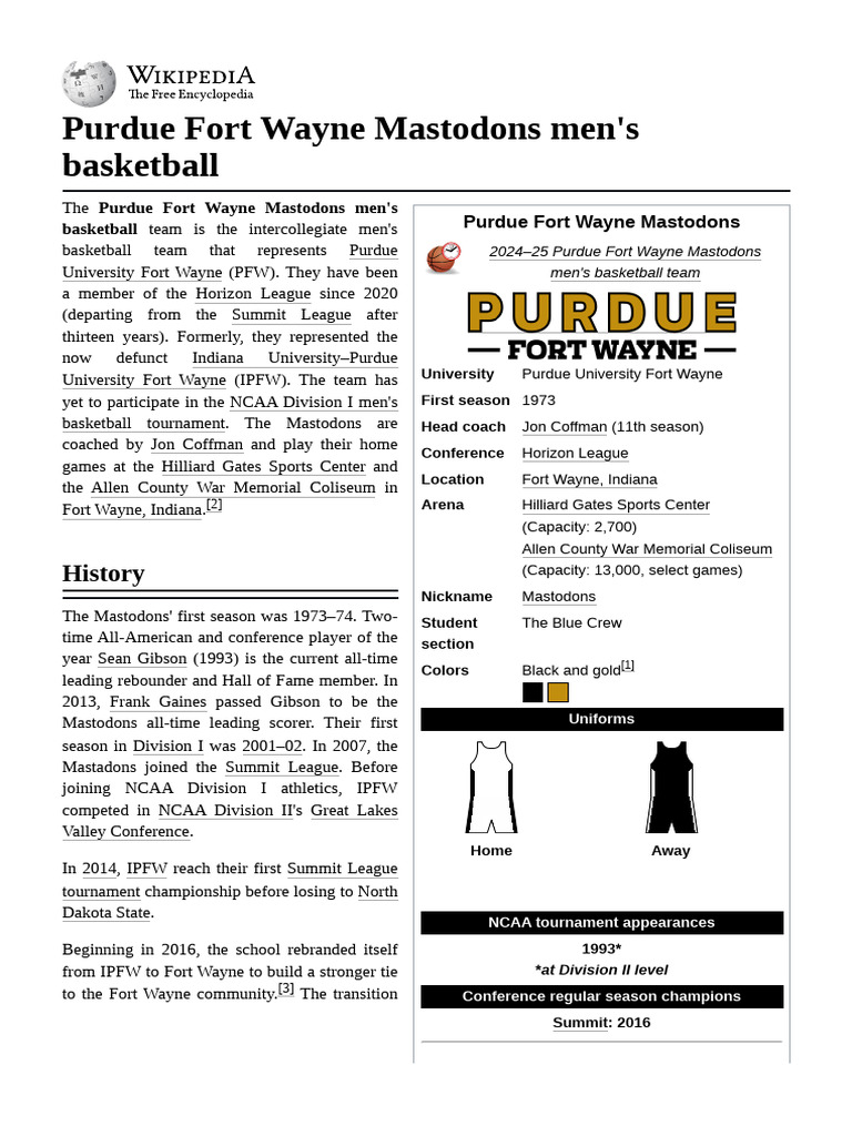 Purdue Fort Wayne Mastodons Men's Basketball | PDF | National ...