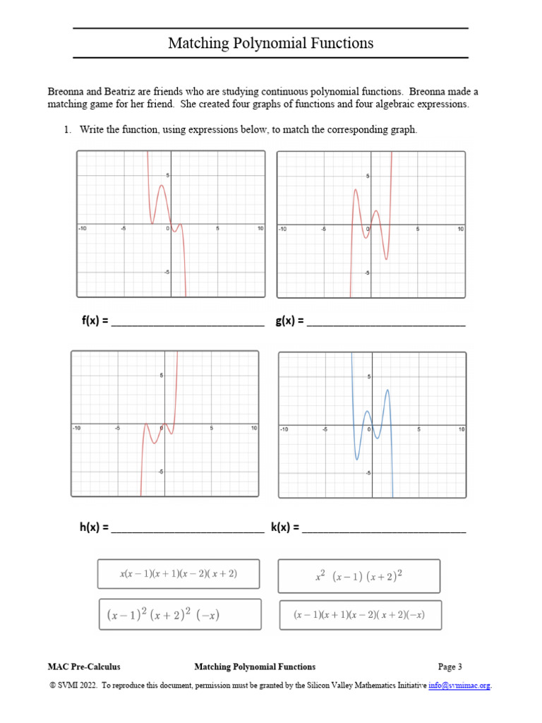 Matching Polynomial Functions Activity | PDF