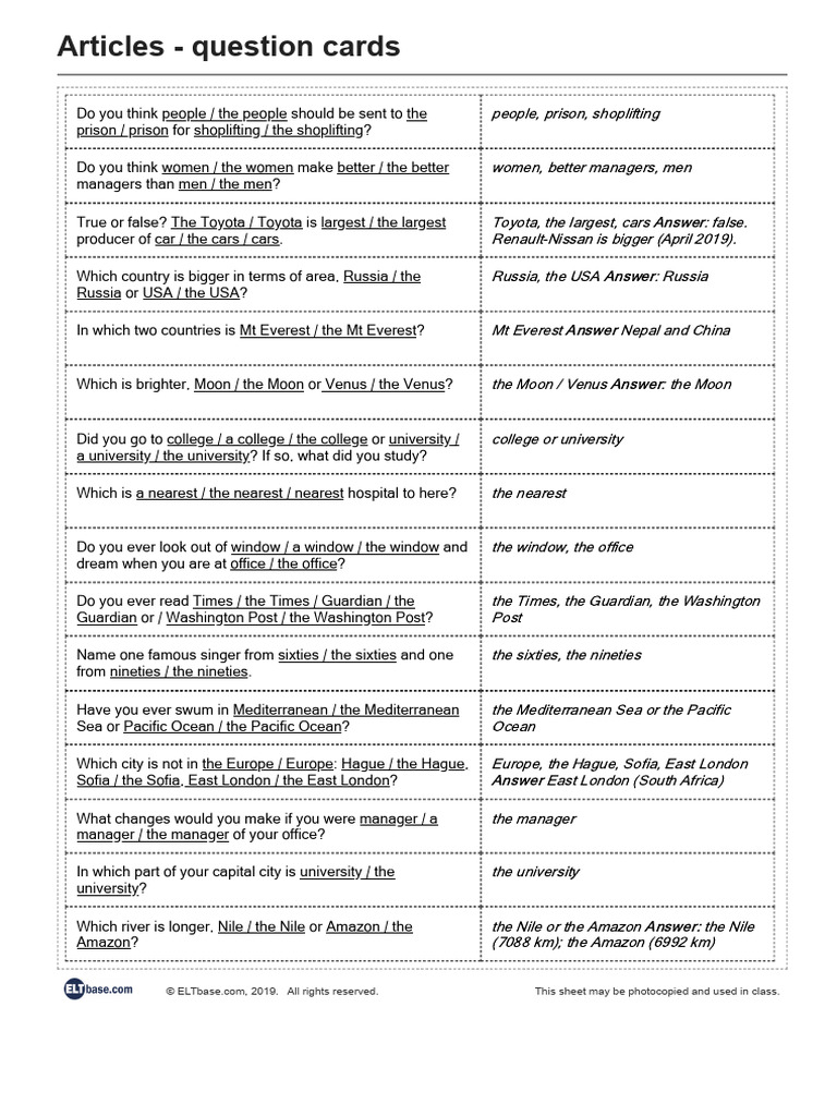 Articles Question Cards for ESL | PDF