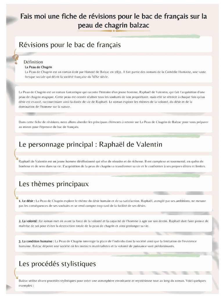 Fais Moi Une Fiche de Révisions Pour Le Bac de Français Sur La Peau de ...
